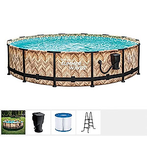 Summer Waves Light Oak Elite 14 Foot by 36 Inch Outdoor Backyard Round Frame Above Ground Swimming Pool Set with Ladder and Filtration Pump