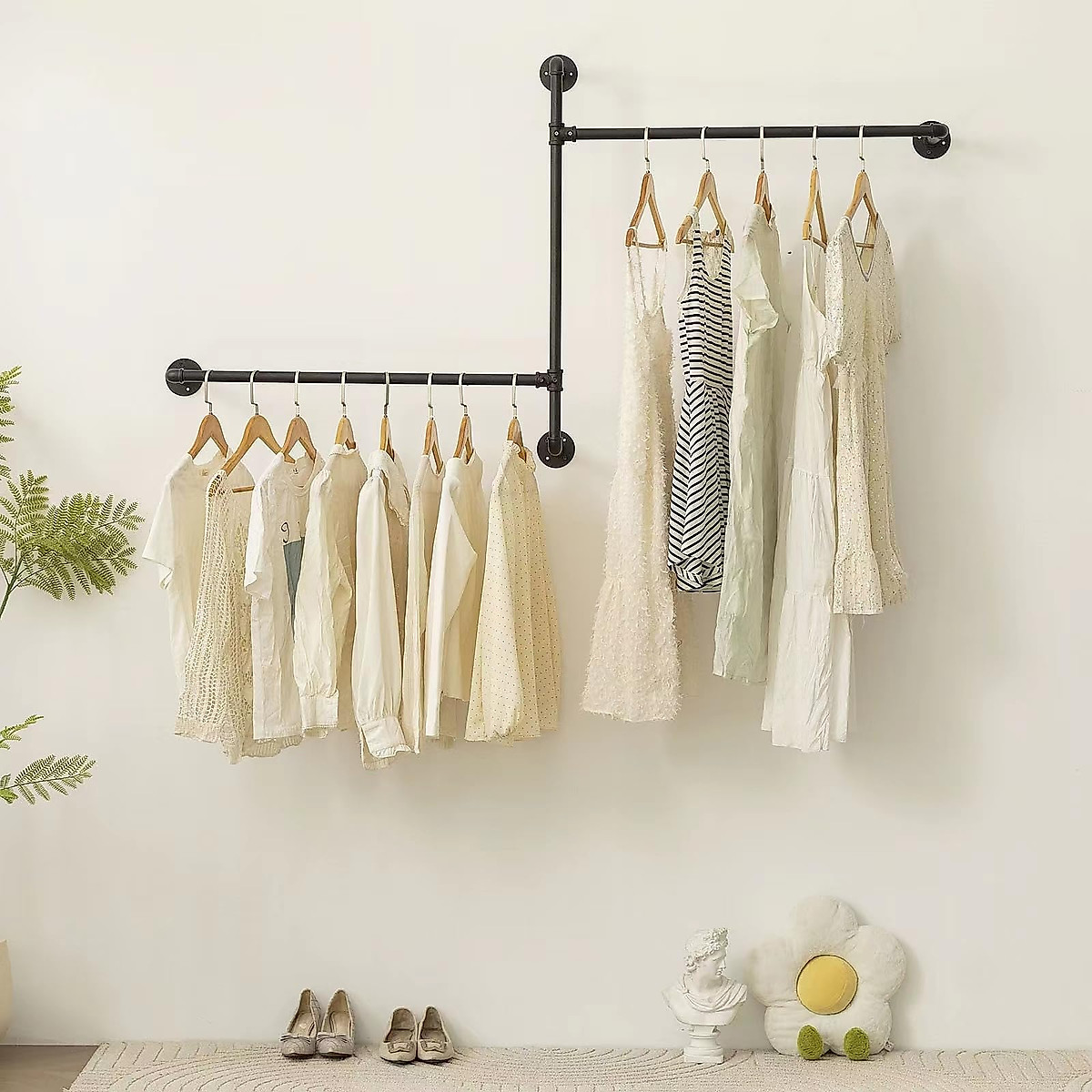 Industrial Pipe Clothing Rack Wall Garment Rack with Pipe Clothes Rails, Multi-Purpose Heavy Duty Clothes Hanging Rods Space-Saving Clothes Bar Organizer Closet (wall clothing rack-2 hanging rods)