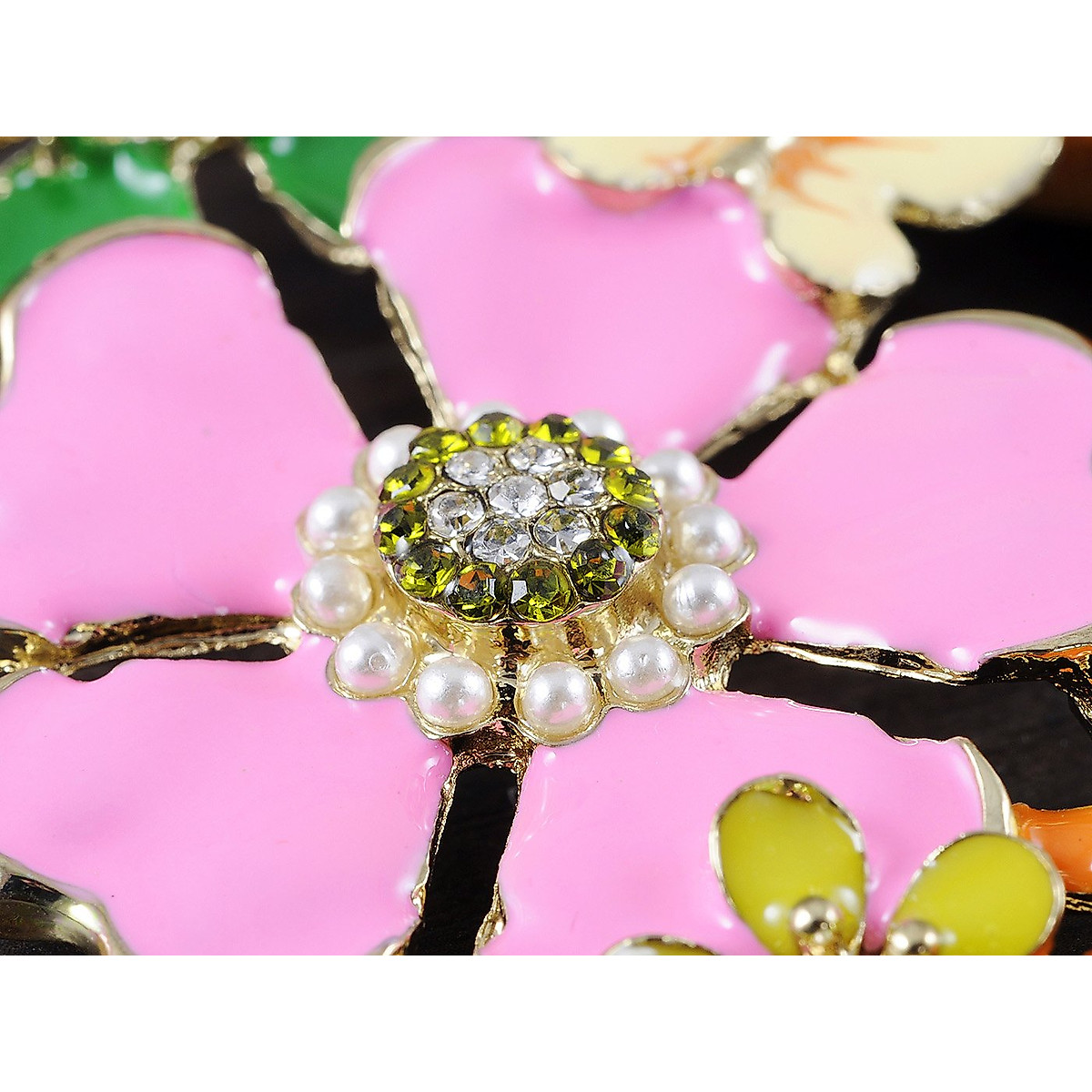 Alilang Womens Golden Tone Faux Pearl Floral Pink Multicolor Enamel Flower Bib Statement Necklace