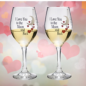 BANBERRY DESIGNS - Set of 2 Wine Glasses - I Love You to the Moon and Back Design with Red Hearts - 14 oz