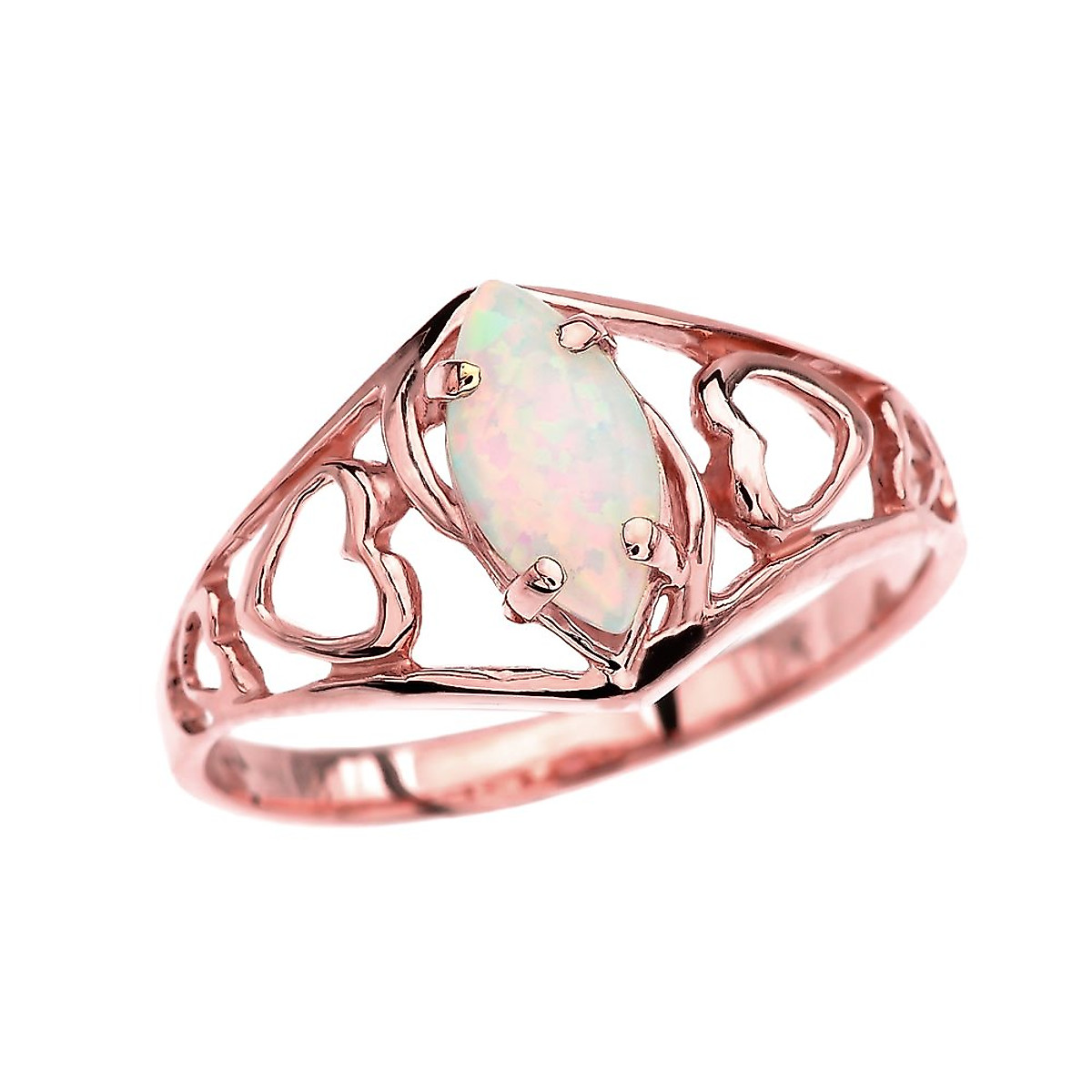 10k Rose Gold Heart Ring With Marquise Lab Created Opal Centerstone (Size 10)