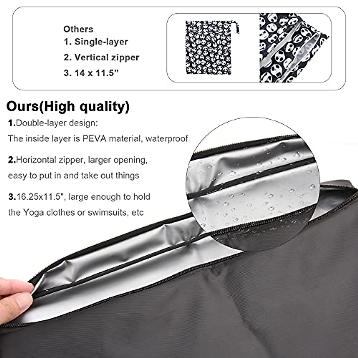 Beautyflier Water Resistant Wet Dry Bags, Reusable Bags for Baby Cloth Diapers, Stroller, Washable Travel Bags, Beach, Pool, Gym Bag for Swimsuits & Wet Clothes (Black, 16.25x11.5")