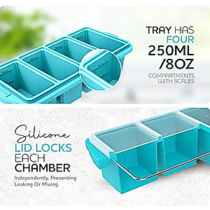 Large Ice Cube Freezing Tray - Soup Freezing Tray with Airtight Transparent Lid - 4Individual Compartments With Portion Scales - Storage For Broth, Sauces & Liquid Meal Prep - Oven & Dishwasher-Safe