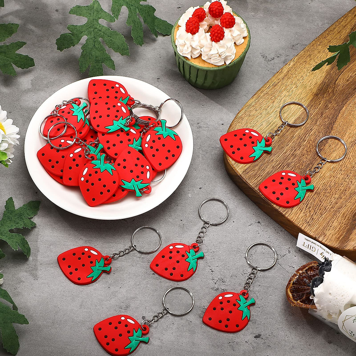 Strawberry Keychain Strawberry Party Favors Cute Fruit Keychain Rubber Keyrings and Keychains for Summer Strawberry Fruit Party Favors Decorations Classroom Rewards Birthday Gifts (24 Pieces)