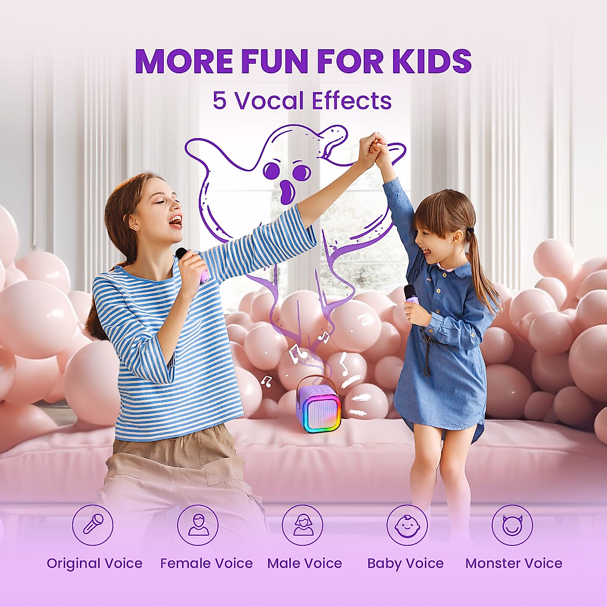 IROO Mini Karaoke Machine for Kids, Easter Busket Birthday Gifts Toys for Girls Boys Friends Age 3-12+, Portable Bluetooth Speaker with 2 Wireless Mics, Karafun Premium Songs Family Party(Purple)
