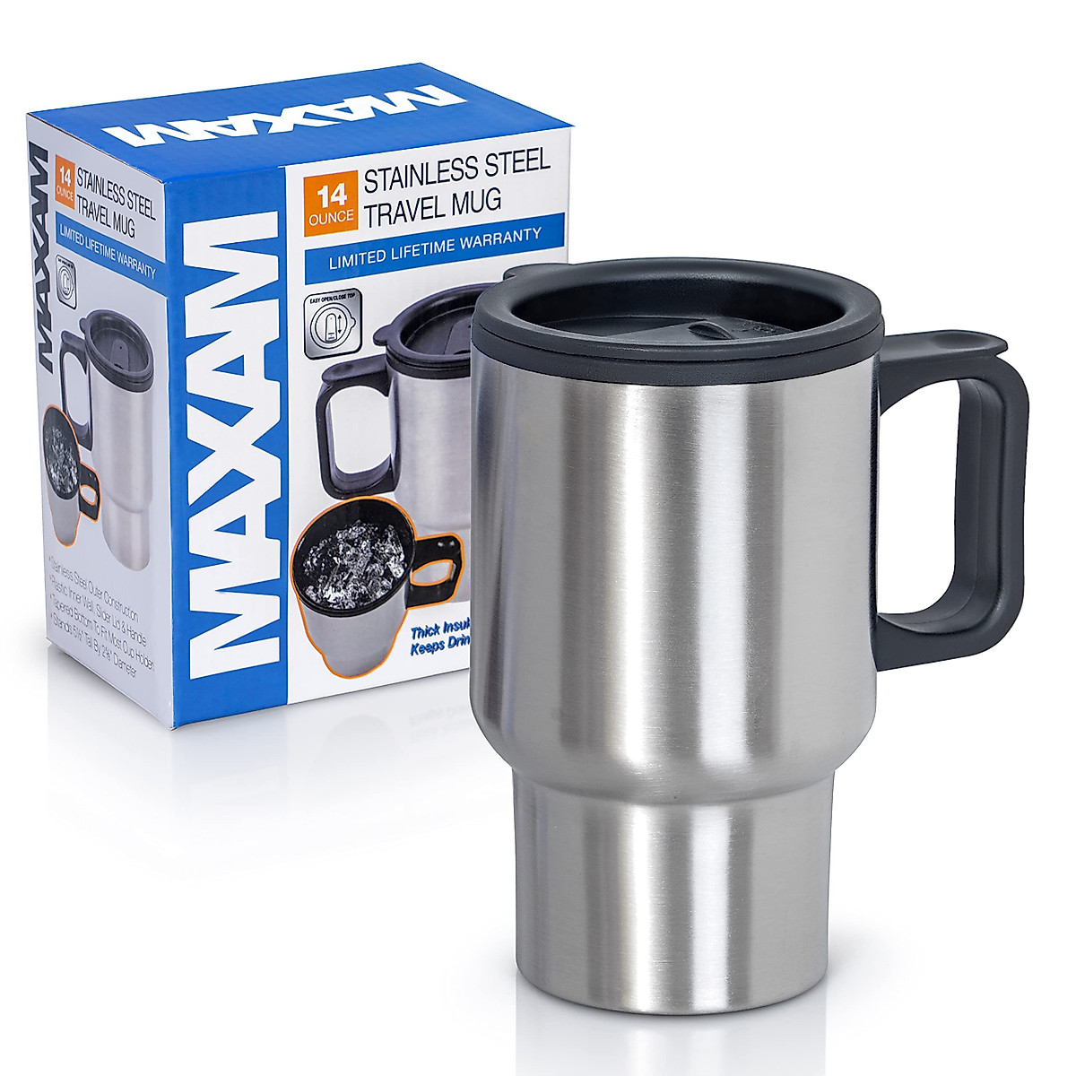 Maxam Stainless Steel Travel Mug with Tapered Bottom to Fit Most Cup Holders, 14 Ounce