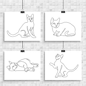 Cats Wall Art - Set of 4-8”x10” Unframed Minimalist Black & White Decor Prints - Makes a Great Gift Under $20 for Cat Lovers