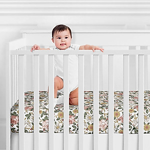 Sweet Jojo Designs Boho Floral Girl Jersey Stretch Knit Baby Fitted Crib Sheet for Soft Toddler Bed Nursery - Blush Pink, Yellow, Green, White Vintage Shabby Chic Rose Flower Farmhouse
