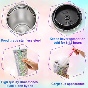 Mezchi Studded Bling Diamond Tumbler, 17 Oz Glitter Tumbler with Lid, Sparkly Stainless Steel Thermal Drinking Water Cup, Rhinestone Tumbler with 1 Pcs Brush 6 Pcs Straw Brushes for Women