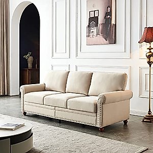 KoiHome Upholstered Sofa with Storage, Sleeper Couch Chaise with Nail Decoration, Modern 3-Seater with Seat Cushion & Wood Leg, Furniture for Living Room,Bedroom,Office,Relax Lounge, Polyester, Beige