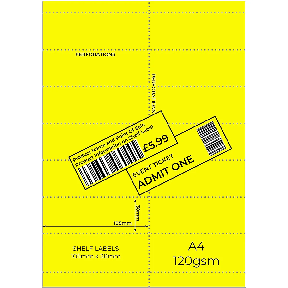 OfficeGear Yellow Shelf Edge Labels [168 Pack] 38x105mm Printable A4 Card 14 Perforated Labels/Sheet for Retail Barcodes, Price Stickers, Point of Sale, Product Info, Shelf Promotions Incl Template