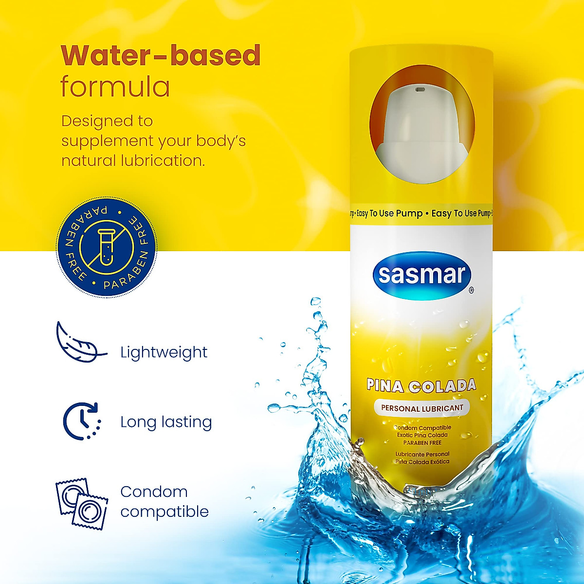 Sasmar Pina Colada Flavored Lubricant - Water-Based Personal Lube for Men, Women - Feels Natural, Long Lasting Formula, Paraben Free, Toy-Friendly and Condom Safe, Oral Lubricant for Couples - 60 ml
