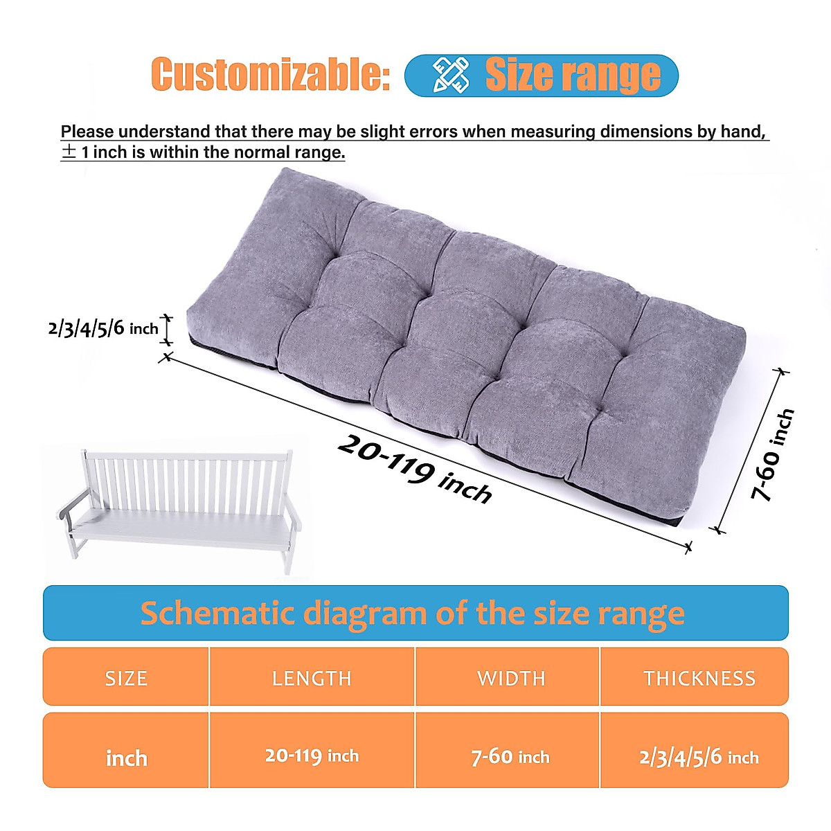 ENTROPOWER Custom Size Bench Cushions for Indoor Outdoor Non-Slip Tufted, Chair Cushion, Piano Seat Pads, Patio Sofa Water-Resistant Cushion, Made of High Density Sponge Comfortable and Durable