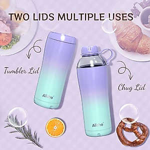 Allcho Insulated Water Bottle for Women, 18 oz Stainless Steel Water Bottles, Double Walled, 2 Lids (Chug & Tumbler) - Hydrate & Caffeinate, Gifts