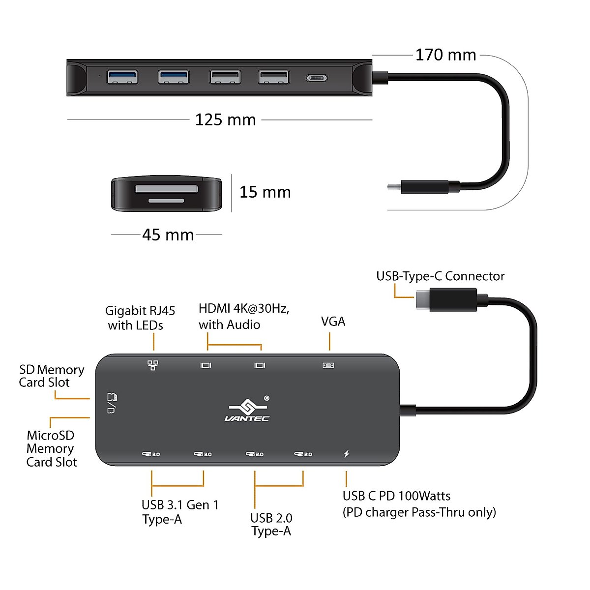Vantec Link USB C Multi-Function Hub with 2xHDMI 4K, VGA, Gigabit, SD, MicroSD, 2xUSB 3.1, 2xUSB 2.0, PD 100W, USB C (CB-CU302MDSH)