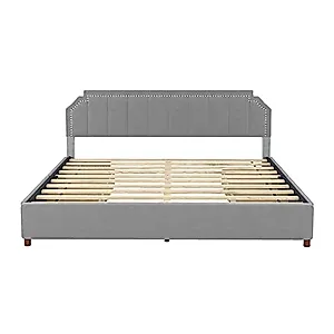 DEYOBED King Size Upholstered Platform Bed with Headboard, 4 Storage Drawers, and Support Legs, Bed Frame Perfect for Spacious Bedrooms - Sleek Grey Elegance