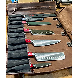 RUSTIC TOWN Leather Knife Roll Storage Bag | Elastic and Expandable 11 Pockets with Tool Pouch | Adjustable/Detachable Shoulder Strap | Travel-Friendly Chef Knife Case Roll (Walnut Brown)