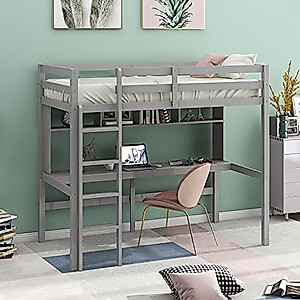 DEYOBED Twin Size Wooden Loft Bed Frame with Desk and Shelves - Create an Efficient and Stylish Workspace for Kids, Teens, and Adults