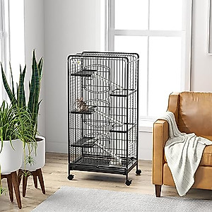 PawHut 6 Level Small Animal Cage for Dwarf Rabbits, Pet Minks, and Chinchillas w/Removable Tray, Ramp, Water Bottle, Food Dish, Small Pet Cage for Indoor Use, Black