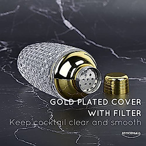 Glass Cocktail Shaker Kit, JOYCEMALL 13 Ounce Martini Mocktail Making Set with Leakproof Metallic Steel Lid & Strainer for Home Use & Bar Cart Gold