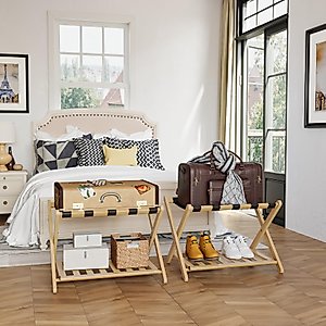 Semiocthome 2 Pack Fully Assembled Luggage Rack, Folding Suitcase Stand with Storage Shelf, Wood Suitcase Rack fit Most Luggage Size, Luggage Holders Stand for Guest Room Bedroom and Hotel (Wood