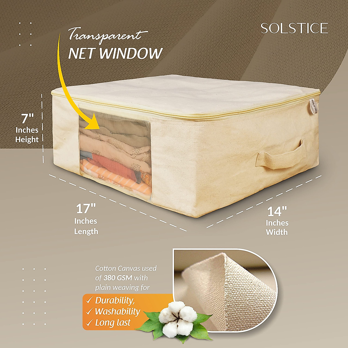 SOLSTICE Cotton Canvas Clothes Storage Bags, Saree Covers with Zip for Storage Specially Design for Woman Dresses, Sarees, Lehengas for Wardrobe Organizer (17 x 14 x 7 Inch, off white)