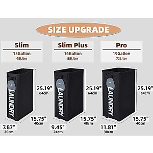 ECOWAN LIVING Laundry Basket with Wheels, Narrow Thin Tall Rolling Collapsible Foldable Laundry Hamper, Waterproof Corner Dirty Clothes Laundry Bin, Handle on Both Side, 58L (Slim Plus/16Gal, Black)