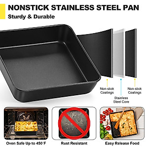 P&P CHEF Square Baking Pan with Lid, 8 x 8 x 2 Inch, Nonstick Stainless Steel Square Cake Pan and Plastic Lid, Black Bakeware for Lasagna Brownies, Durable & Easy Clean, 2PCS (1 Pan + 1 Cover)