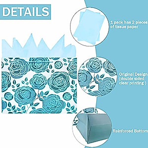 Rose Blue Large Gift Bag with Gift Card, Blue Tissue Paper, Envelope, and Sticker, for Parties, Birthdays, Mother's Day, Weddings, Retirements, Anniversaries, Any Occasion-Hot Stamping Blue Design