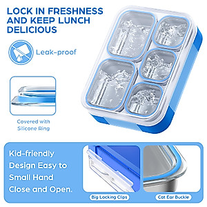 TIME4DEALS Bento Box Stainless Steel Lunch Box Set for Kids Adult 5-Compartment Leakproof Insulated Lunch Containers with Fork Lunch Bag Kits for School Works, Metal Lunchbox Tray BPA-Free (Blue)
