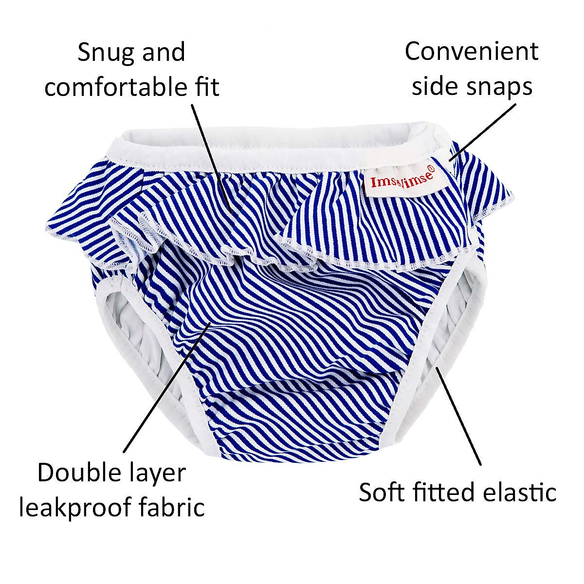 Imse Vimse Reusable Swim Diaper for Baby and Toddler Girls with Ruffle and Snaps (White Blue Stripe, S 13-17 lbs)