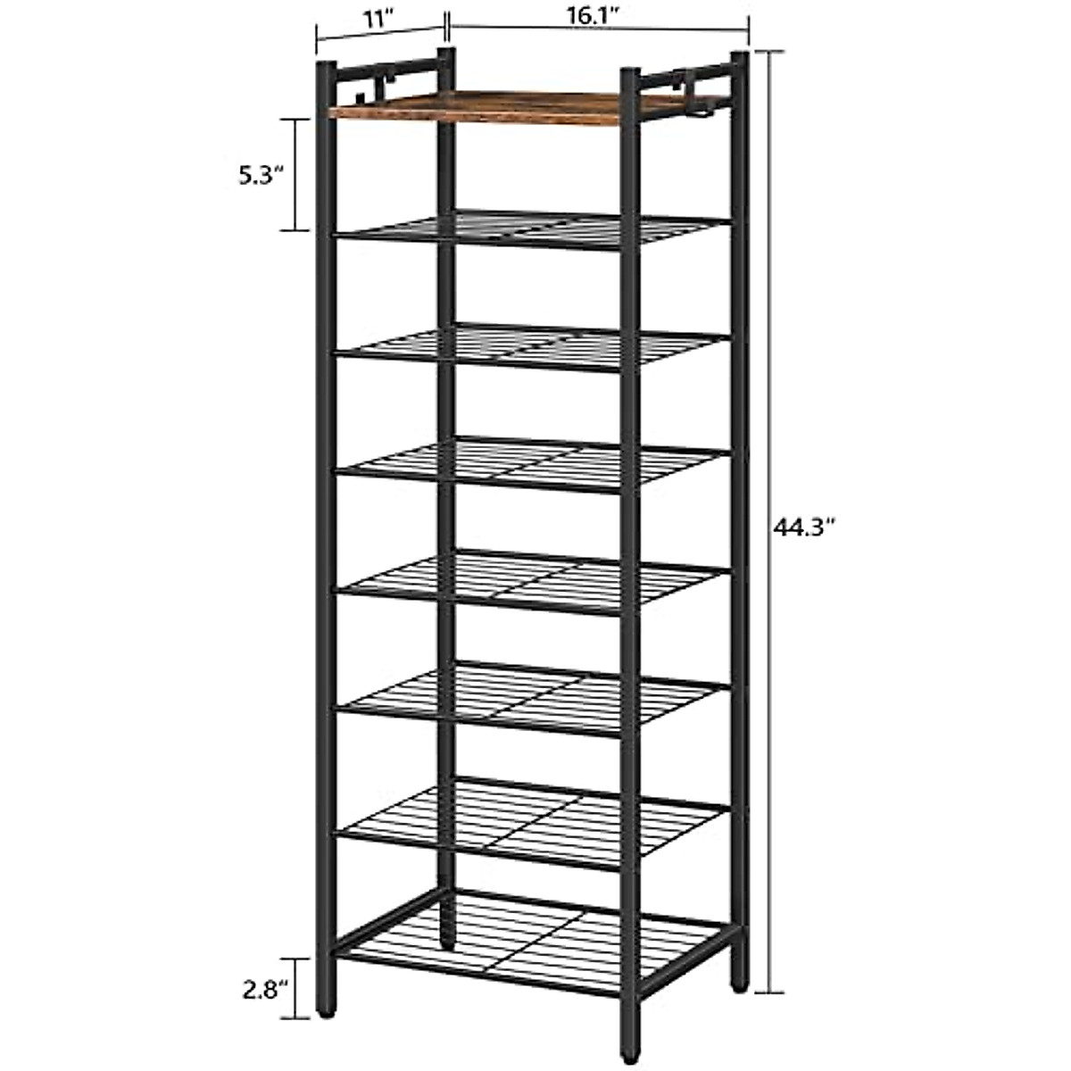 MAHANCRIS 8-Tier Metal Shoe Rack, Narrow Shoe Storage Organizer for Closet Entryway, Hold 7-12 Pairs of Shoes, Tall Skinny Shoe Shelf with 7 Metal Shelves, Easy Assembly, Rustic Brown SRHR0801Z