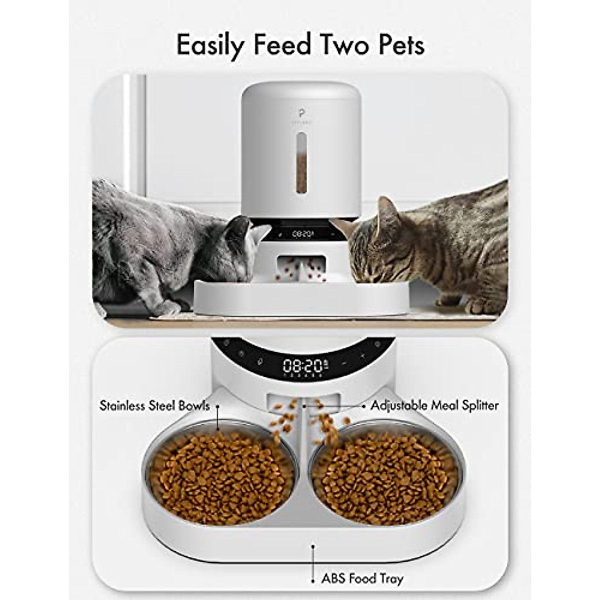 PETLIBRO Automatic Cat Feeder for Two Cats, 5L Dry Food Dispenser with Splitter and Two Stainless Bowls, 10s Meal Call and Timer Setting, 50 Portions 6 Meals Per Day for Cat and Dog