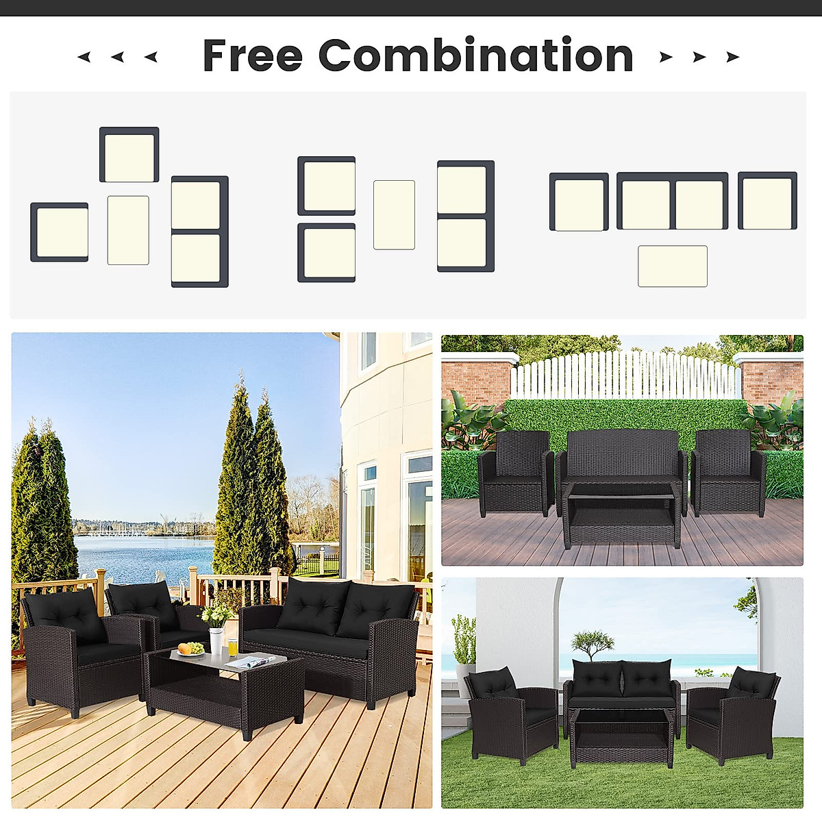 HAPPYGRILL 4 Pieces Patio Furniture Set Outdoor PE Rattan Conversation Set with 2-Tier Coffee Table, Extra Storage Shelf and Cushions, Patio PE Wicker Sofa Set for Garden Backyard Poolside