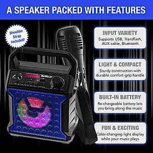 Risebass Portable Karaoke Machine with Microphone with Party Lights for Kids and Adults - Rechargeable USB Speaker Set with Bluetooth, FM Radio SD/TF Card, AUX-in, Birthday Gift for Boys and Girls