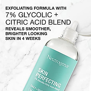 Neutrogena Skin Perfecting Daily Liquid Facial Exfoliant with 7% Glycolic/Citric Acid Blend for Oily Skin, Smoothing & Clarifying Leave-On Face Exfoliator, Oil- & Fragrance-Free, 4 fl. oz