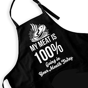 Ihopes Funny Black BBQ Apron for Men - My Meat is 100% Going in Your Mouth Today Grill Apron with 2 Pockets and Adjustable Neck Strap - Perfect Cooking Gifts