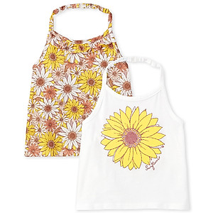 The Children's Place Baby Toddler Girls Sleeveless Halter Tank Top, Ace Floral/Sunflower 2-Pack, 3T