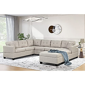 P PURLOVE Sectional Sofa, Large Sectional Sofa with Storage Ottoman, U Shaped Linen Sectional Couch with 2 Throw Pillows for Living Room, Large Space Apartment (Beige)