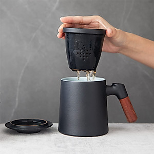 HEER Ceramic Tea Mug with Infuser and Lid, Black Wooden Handle Tea Cup with Filter for Steeping Loose Leaf, 13.5oz/400ml.