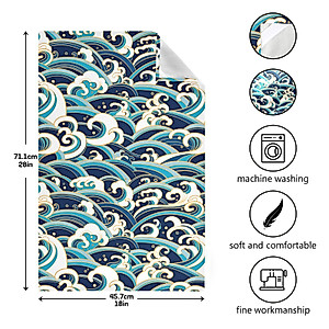 sletend Kitchen Towels or Tea Towels Japanese Style Sea Wave 28x18in Polyester Material Dish Towels or Dishcloths with Hanging Loop, Set of 1 Hand Towel for Dining Table Kitchen.