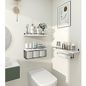 Mefirt Floating Shelves, 3+2 Tier Bathroom Shelves with Paper Towel Holder & Towel Bar, Wood Wall Décor Shelves Over Toilet with Wire Storage Basket & Guardrail, Farmhouse Floating Shelf - White
