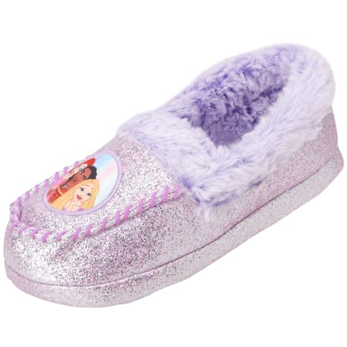 Disney Girls' Princesses Slippers – Fuzzy Slipper Moccasins – Non-Skid Slippers (Little/Big Girl), Size 2-3, Lavender Princess