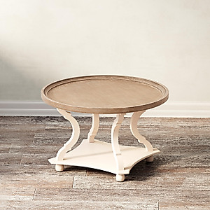 COZAYH Round Farmhouse Coffee Table with Handmade Finishes, Wood Tray Top Rustic Coffee Table for Added Thickness, Accent Table with Storage for Living,White 32“X32”X20“