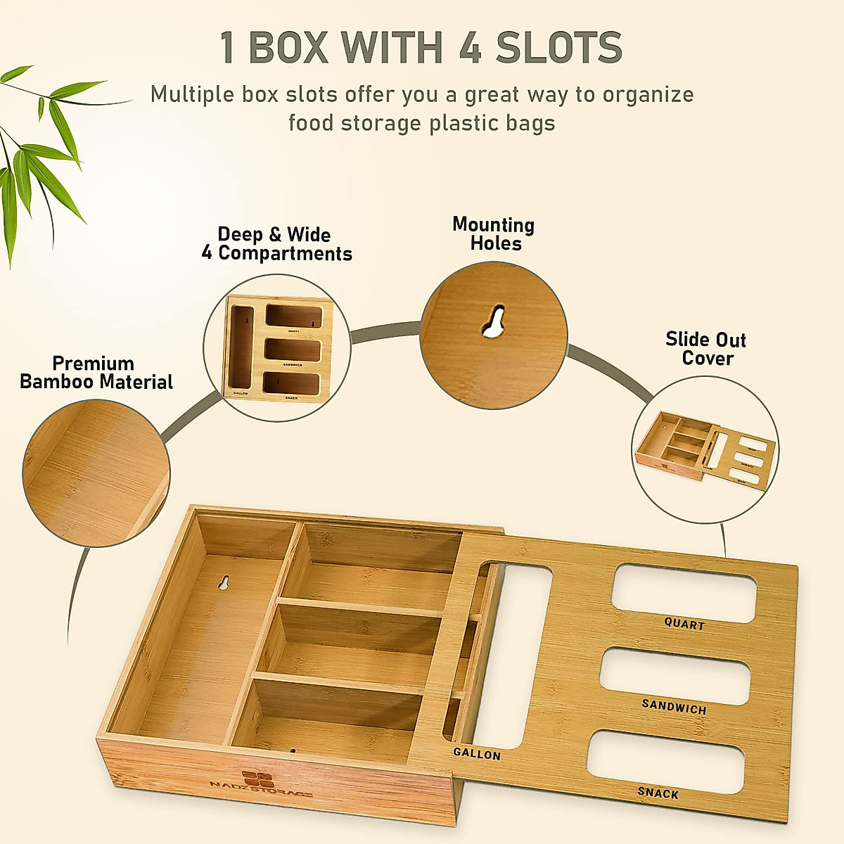 NADZ STORAGE Ziplock Bag Organizer plastic bag organizer for kitchen storage, 4 in 1 foil and plastic wrap organizer Compatible with Gallon, Quart, Sandwich & Snack