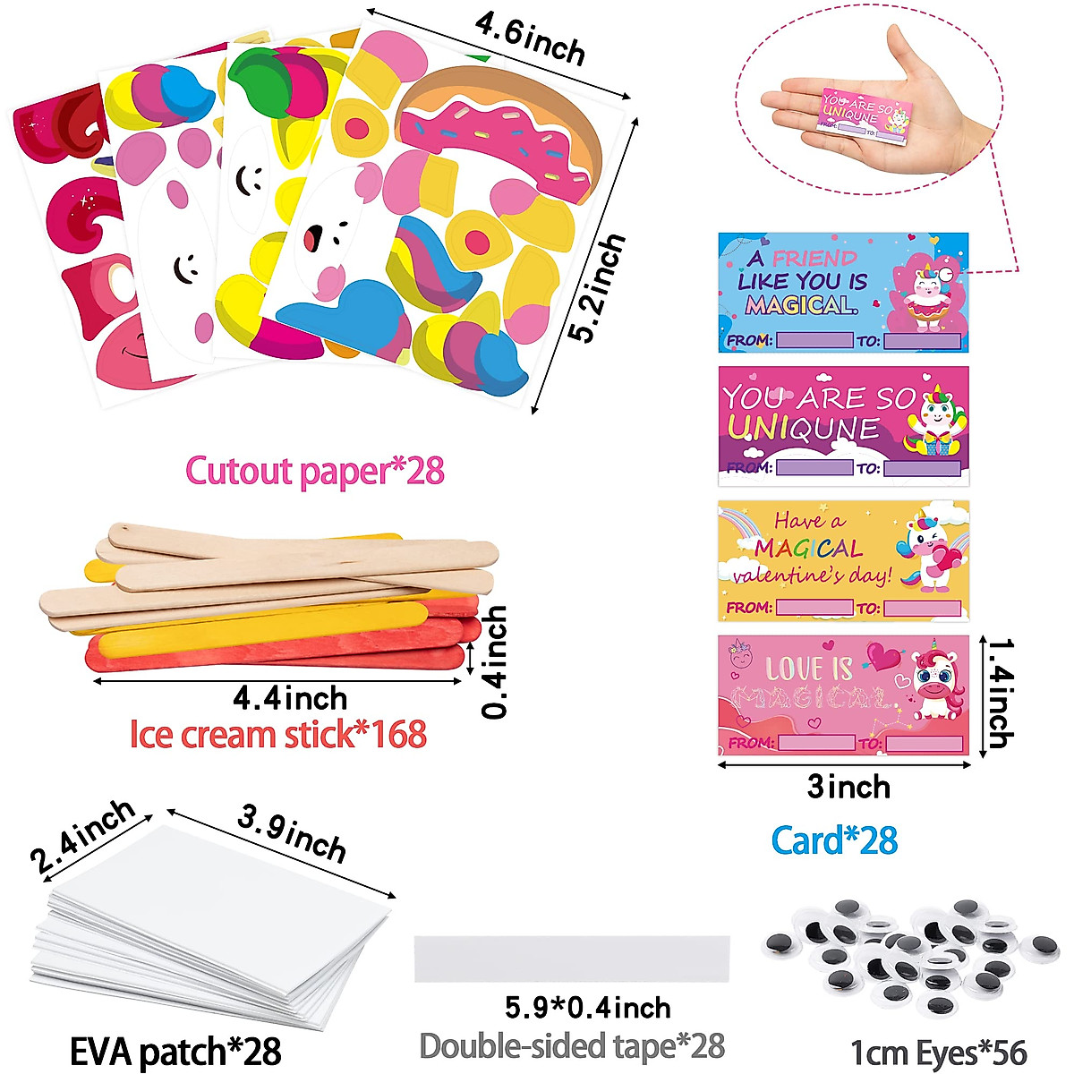 Xqumoi 28Pcs Valentine's Day Unicorn Wooden Sticks DIY Crafts Kit Exchange Gift with Creative Gift Cards Art Craft Ornament with Googly Wiggle Eyes Handmade Projects Party Decorations Favors for Kids