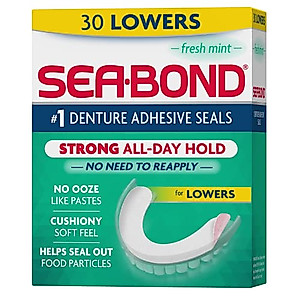 Sea Bond Secure Denture Adhesive Seals, Fresh Mint Lowers, Zinc-Free, All-Day-Hold, Mess-Free, 30 Count (Pack of 1)