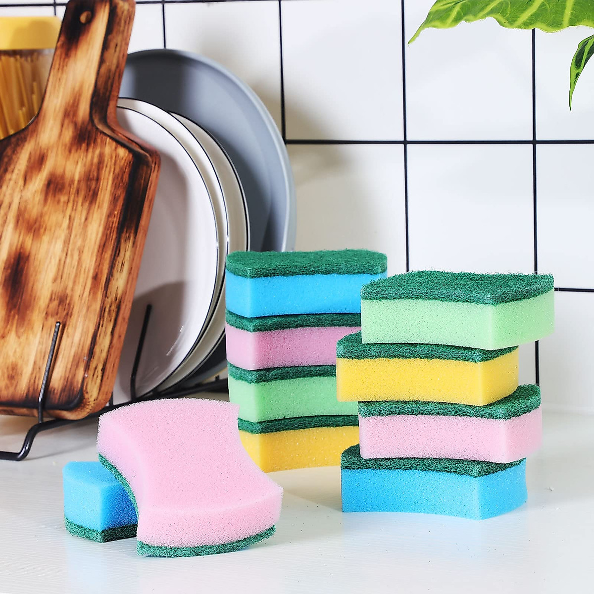 Zubebe 100 Pcs Cleaning Sponge Dual Sided Scrub Sponge Non Scratch Kitchen Sponge for Sink Dishwashing, 4 Colors
