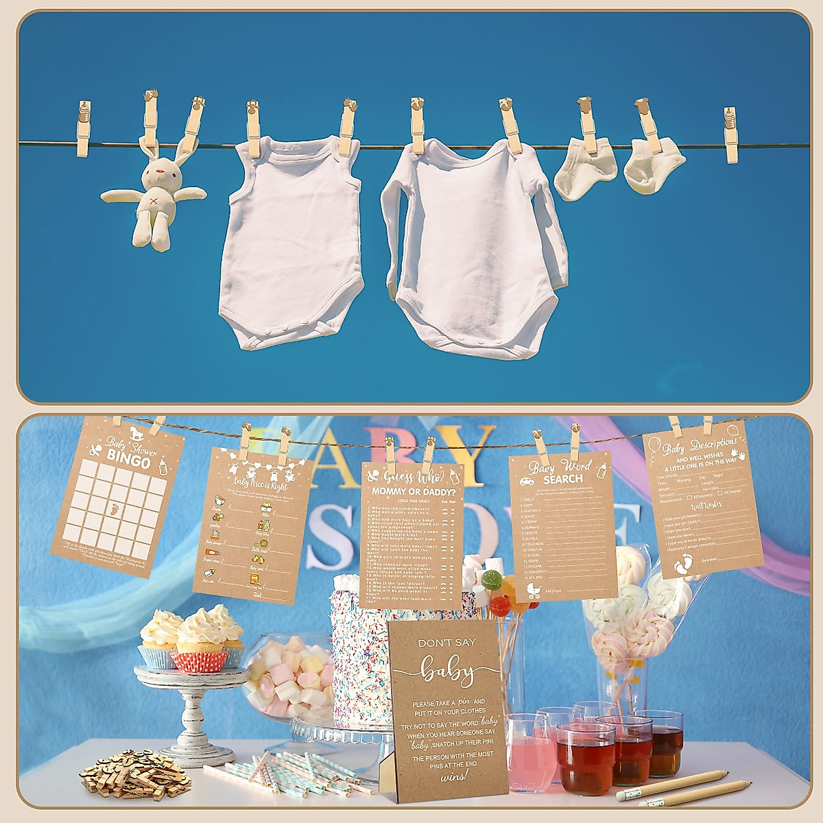 Patelai 321 Pcs Baby Shower Games Supplies, 5 Sets (50 Cards Each) Activities Cards with 20 Pencils 1 Don't Say Baby Sign 50 Clothespin(Kraft Style)