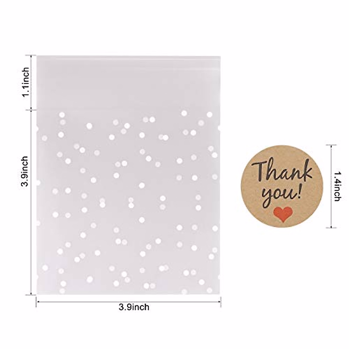 Self Adhesive Cookie Bags Treat Bags, Resealable Cellophane Bags, White Polka Dot Individual Cookie Bags with Thank You Stickers for Gift Giving (3.9''x3.9'', 100 Pcs)